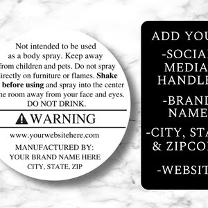 Room Spray Warning Label Template DIGITAL DOWNLOAD | Custom Editable ...