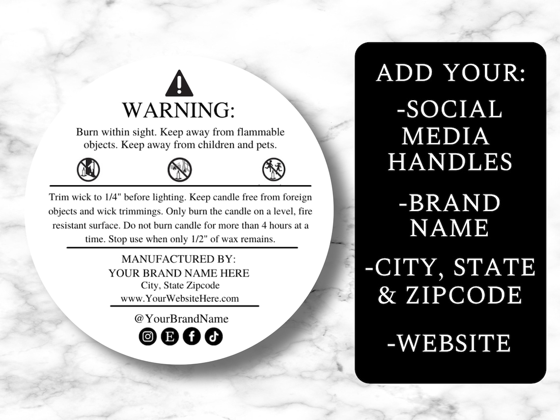 Candle Warning Label Template DIGITAL DOWNLOAD | Custom Editable ...