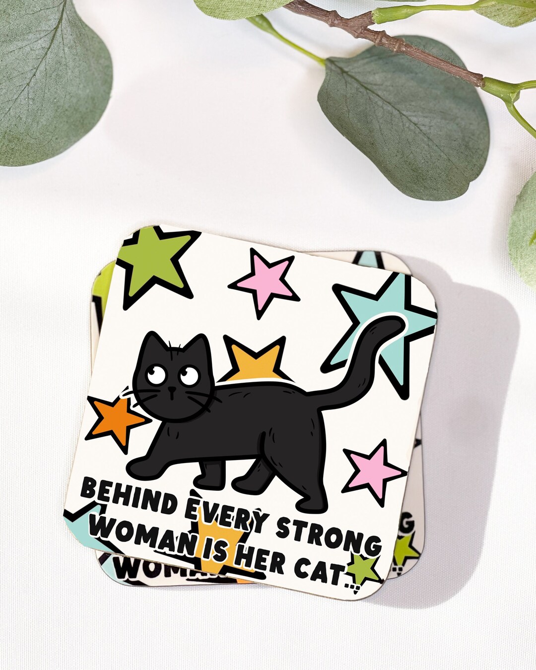 Strong Woman Black Cat Star Coaster Cat Coaster Drinks Coaster Gifts ...