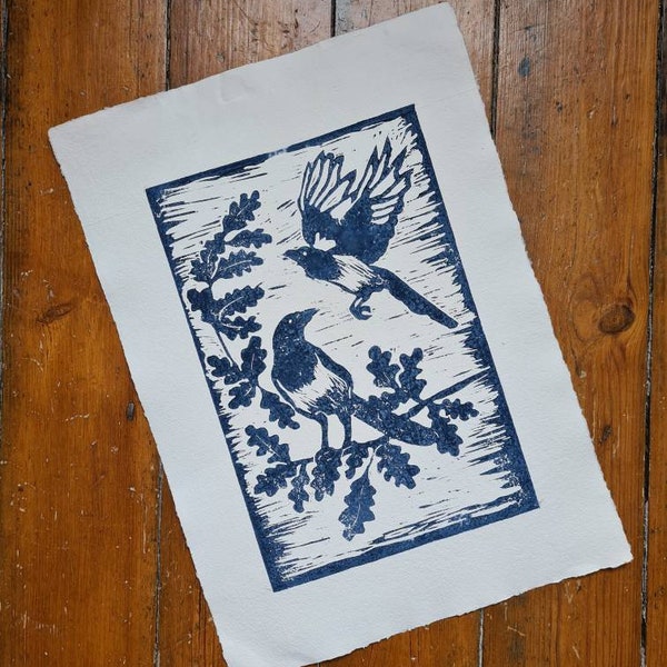 Linoprint Magpies - Etsy