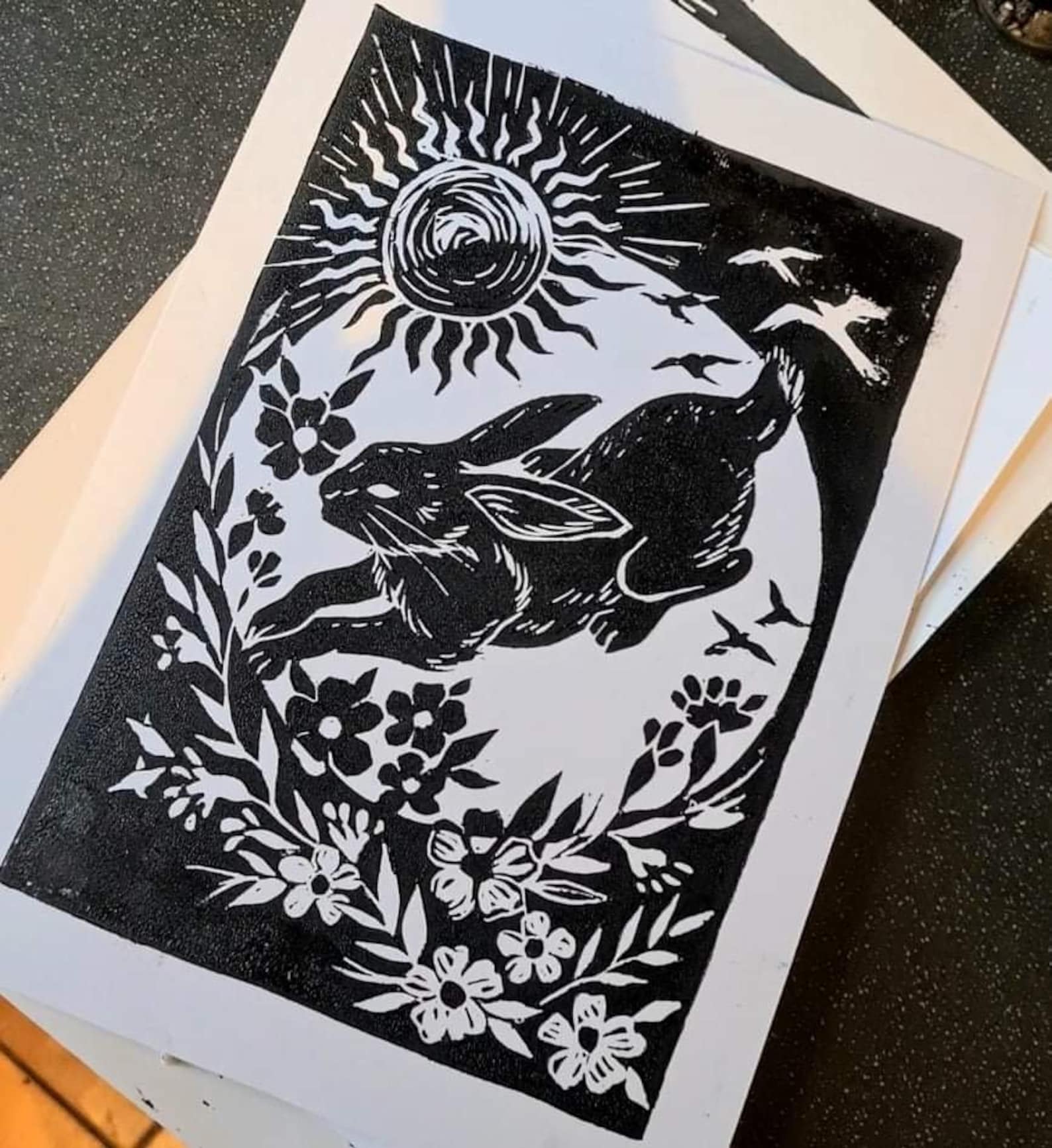 Rabbit Linocut Print, Rabbit Artwork, Bunny Block Print, Black and ...