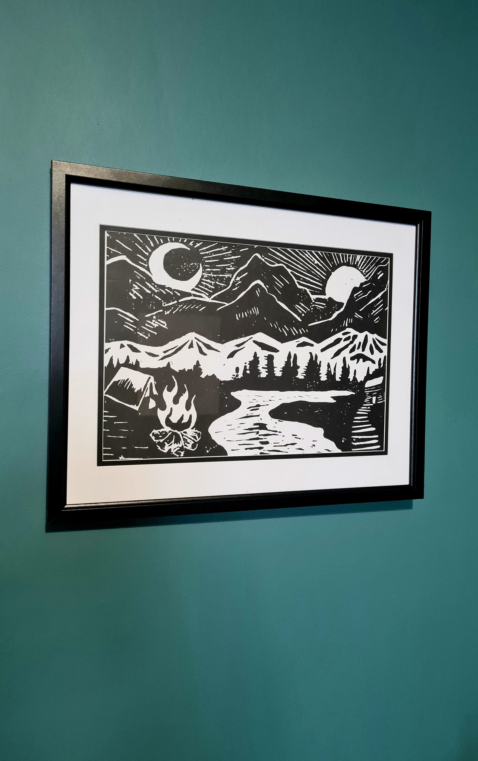 Mountain Camp A4 Art Print, Linoprint Landscape, Block Print Sun and ...