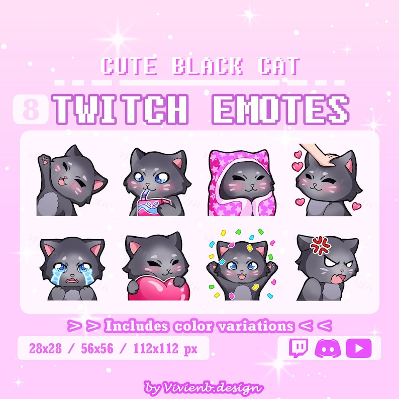 Lindo gato negro Twitch Emotes / Pack de 8 / Kawaii Cute / Chibi ...