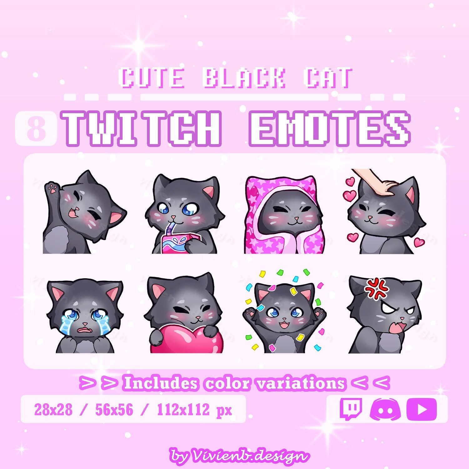 Cute Black Cat Twitch Emotes Pack of 8 Kawaii Cute Chibi Streaming ...