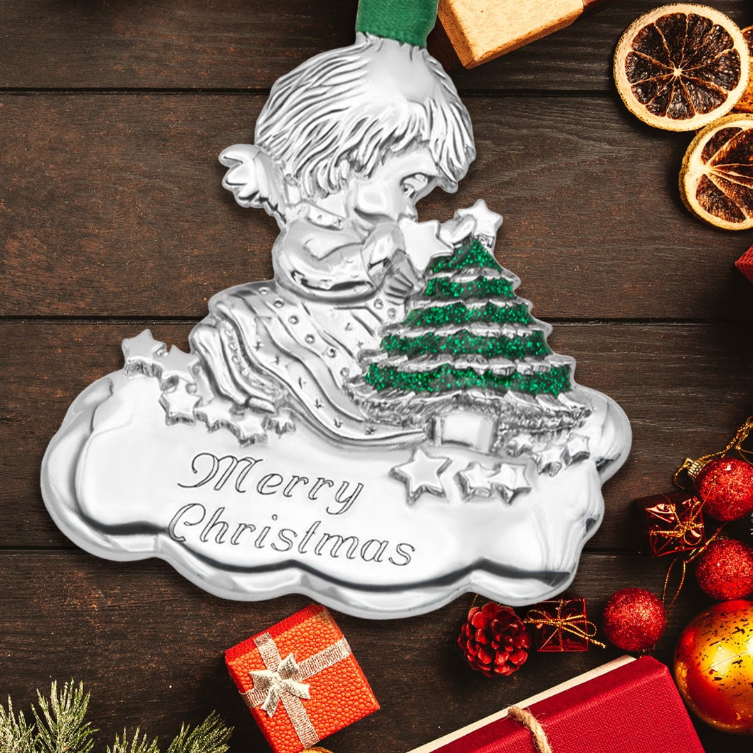 Modern Minimalist Cherub on Cloud Sterling Silver Metal Tree Ornament ...