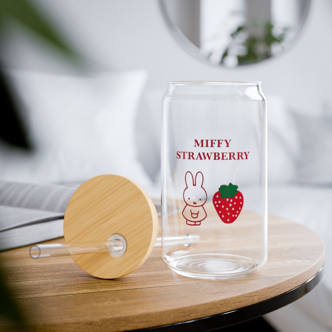 Miffy Strawberry Sipper Glass 16oz Cute Bunny Drinkware With Bamboo Lid ...