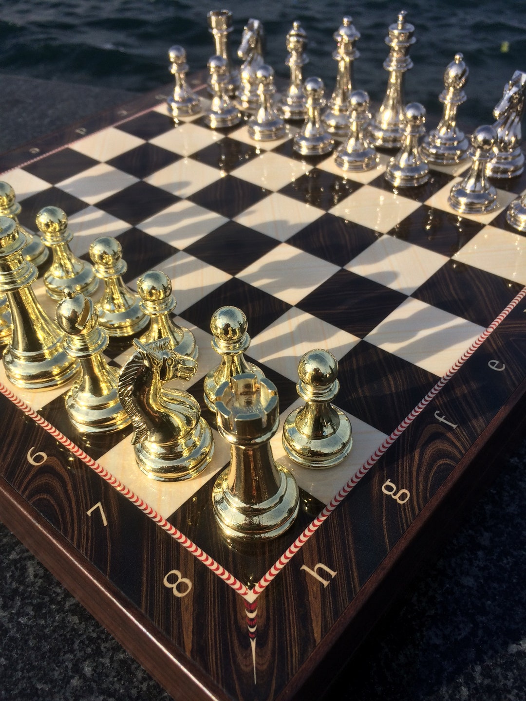 Walnut Veneer Chess Set, Cast Iron Pieces, Folding Board - Etsy
