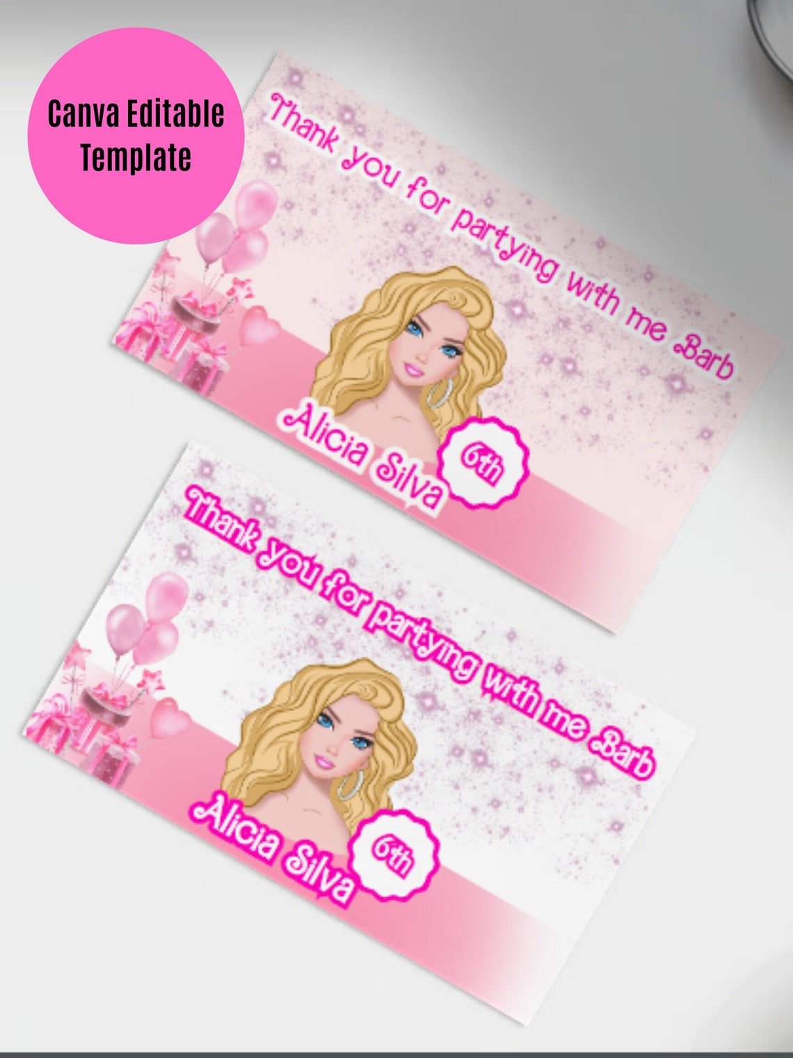 Barbie Thank You Card, Editable Pink Doll Birthday Thank You Card, Hot ...
