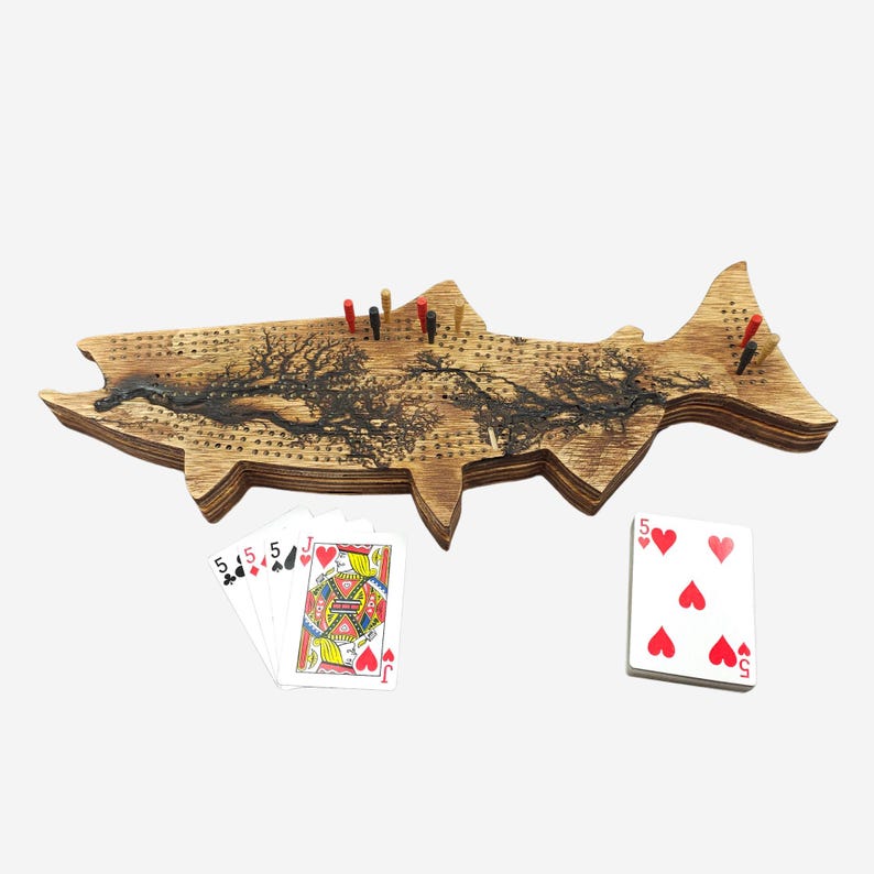 Fractal Burn Salmon Cribbage Board | Continuous 3-track, Peg & Card ...
