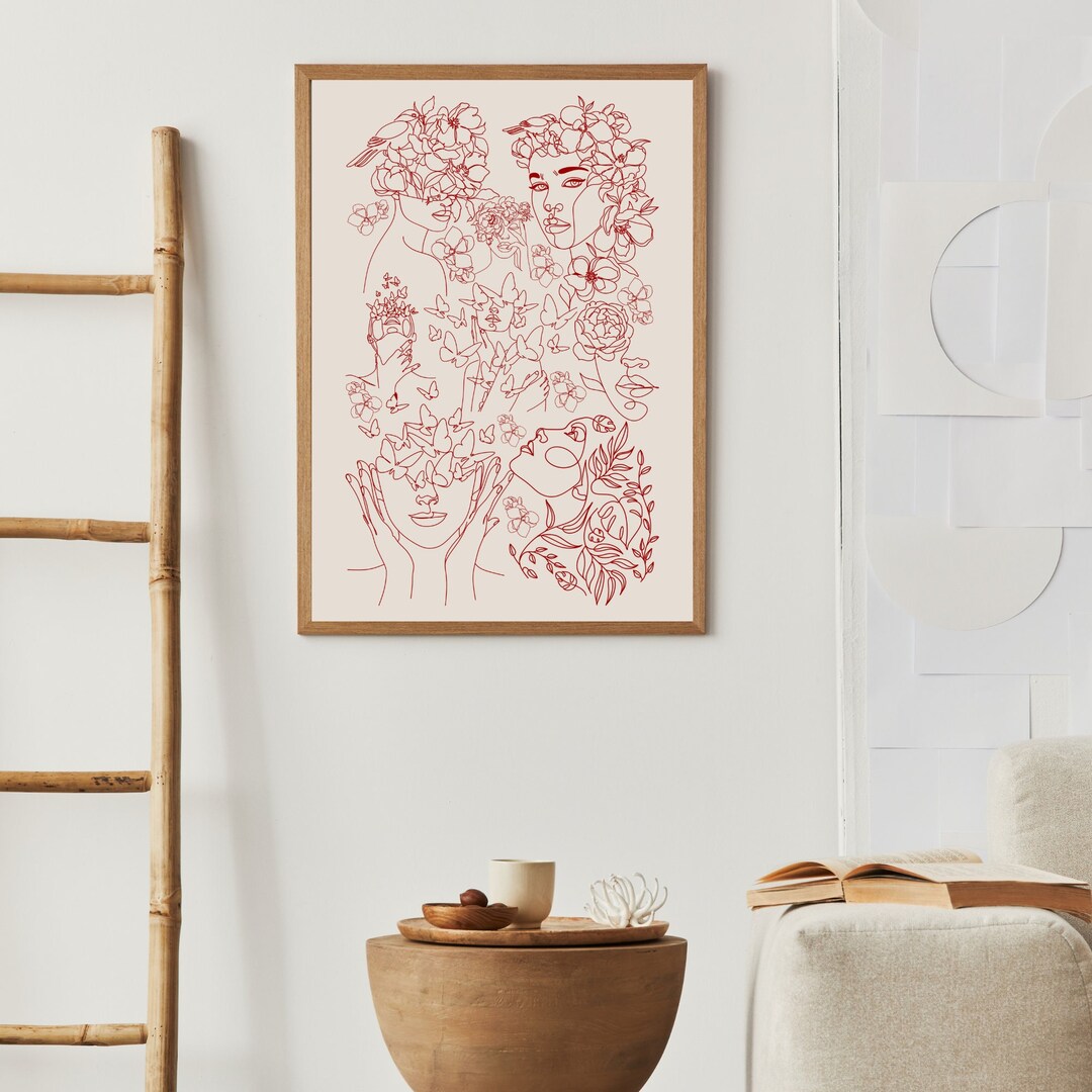 Woman Line Art Print Lady Line Art Red Lines Above Bed - Etsy