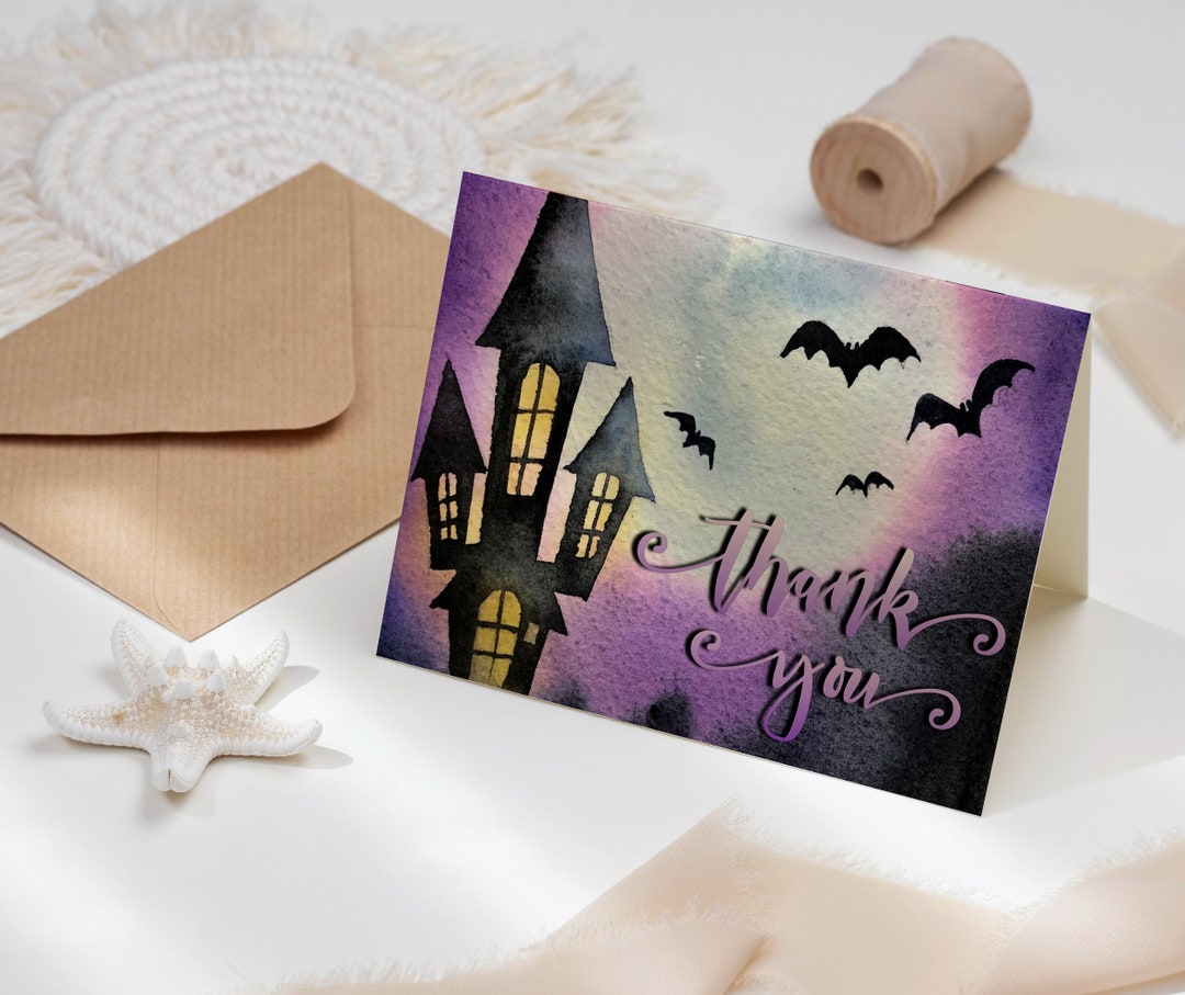 Violet Haunted House Thank You Card Halloween Printable, Spooky Costume ...