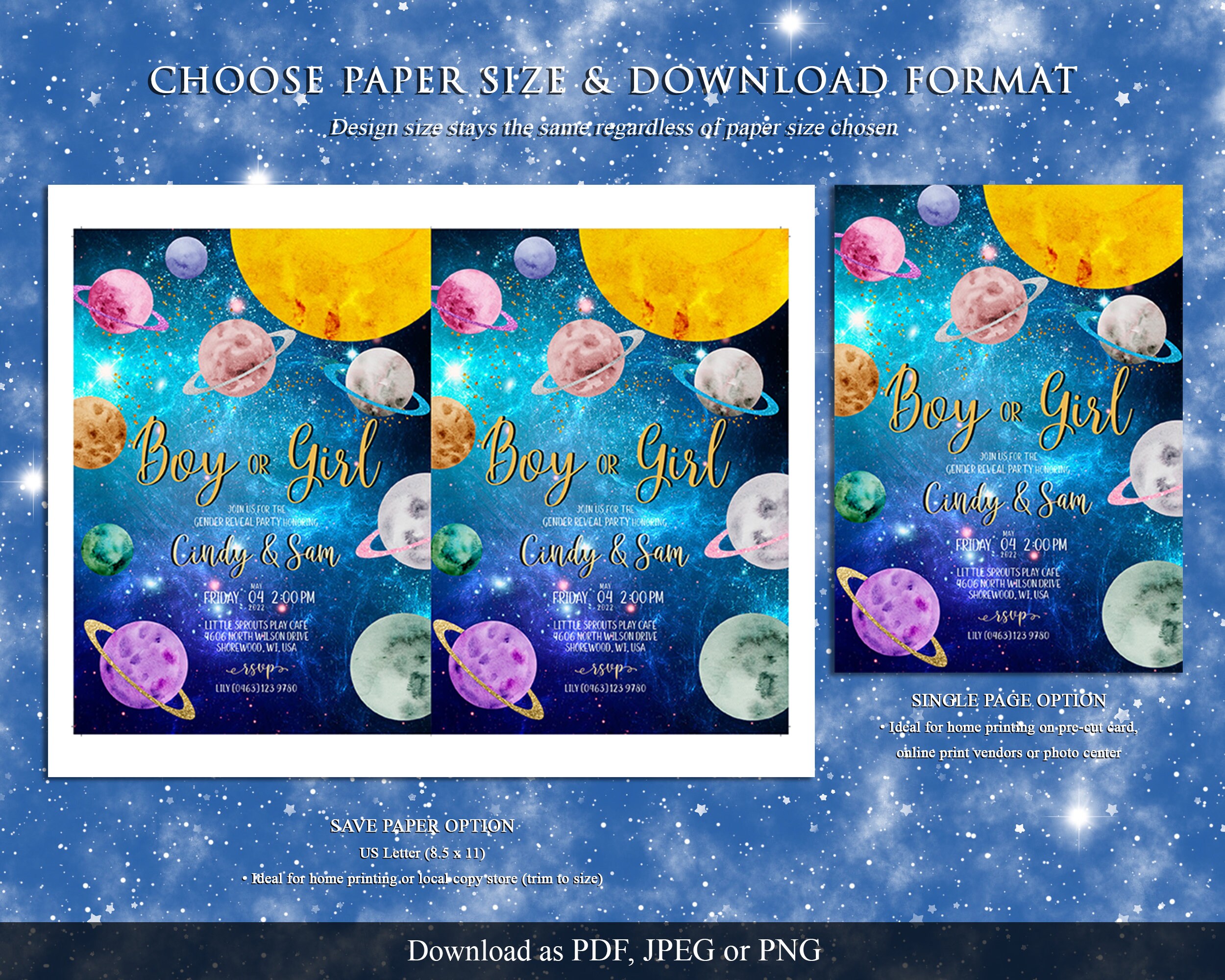 Solar System Gender Reveal Invitation, Editable Planets Baby Boy or ...