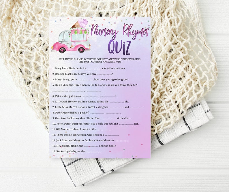 Watercolor Ice Cream Nursery Rhymes Quiz, Baby Shower or Birthday Games ...