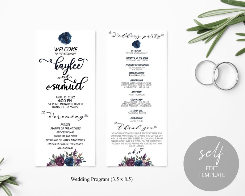 Editable Wedding Program Template Ceremony Printable DIY Navy Plum ...
