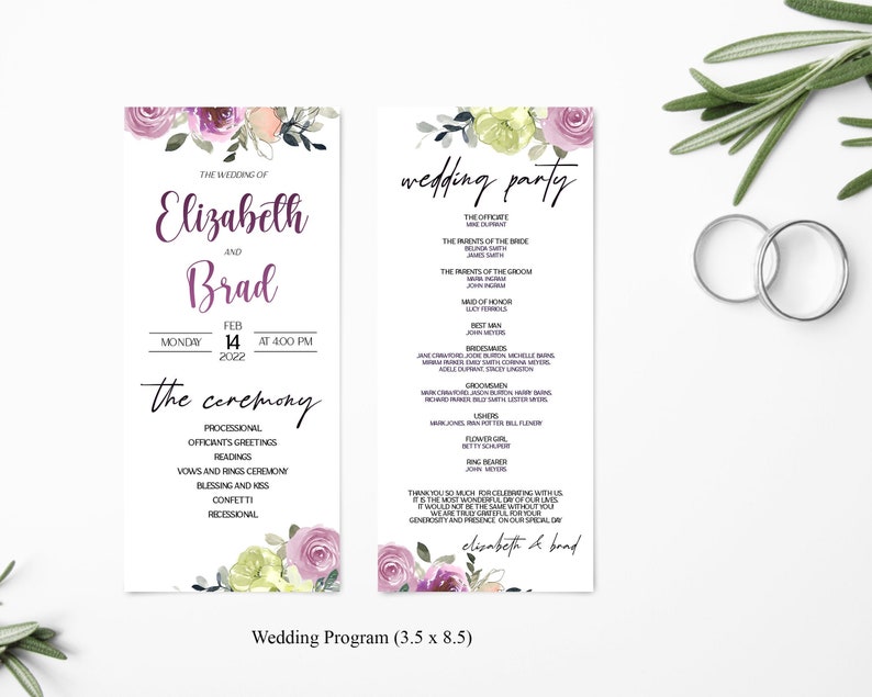 Editable Wedding Program Template Ceremony Printable DIY Purple Floral ...