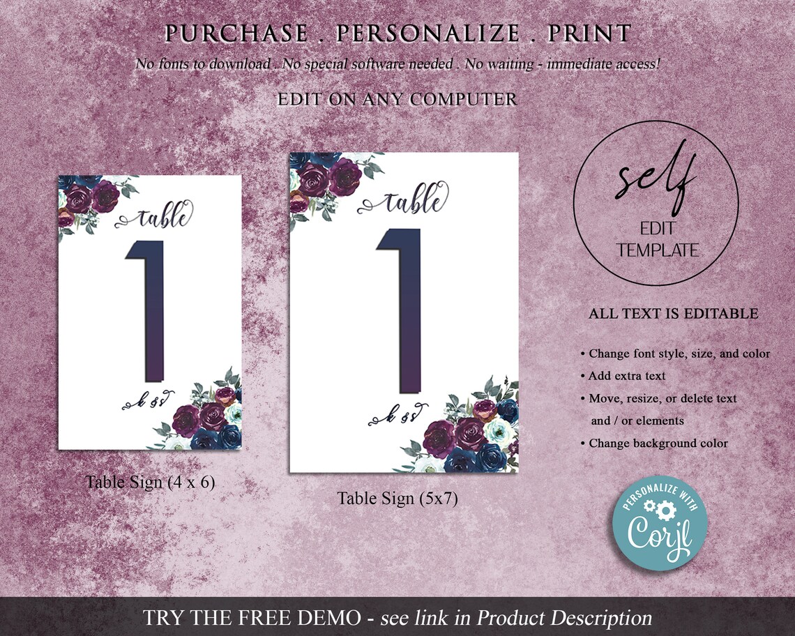 Wedding Table Numbers 1 to 20 Cards Printable Navy Plum Floral Wedding ...