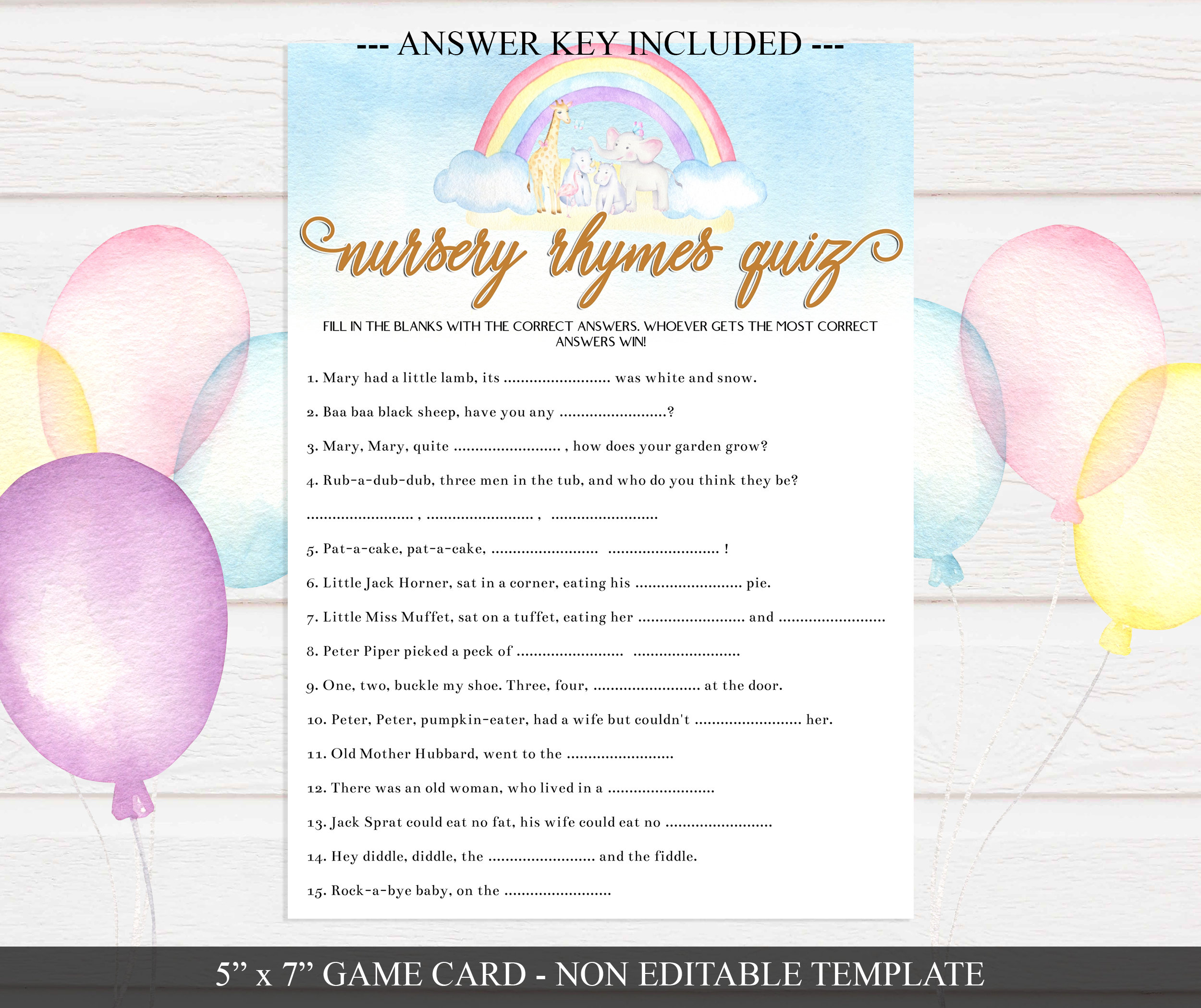 Safari Nursery Rhymes Quiz Baby Shower Game, Guess Baby Song Lyrics ...