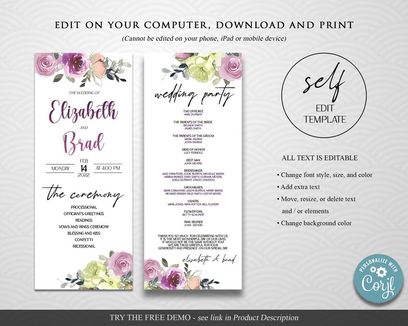 Editable Wedding Program Template Ceremony Printable DIY - Etsy