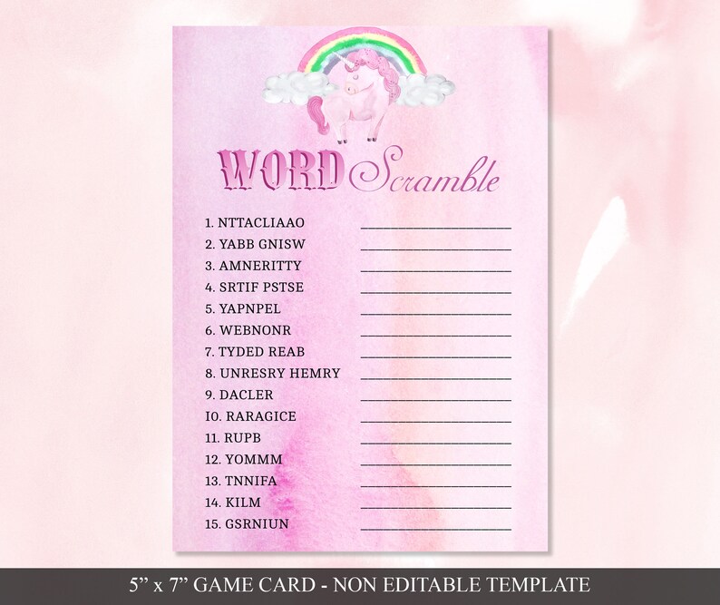 Pink Pony Baby Word Scramble Batch2 Game, Watercolor Baby Shower or ...