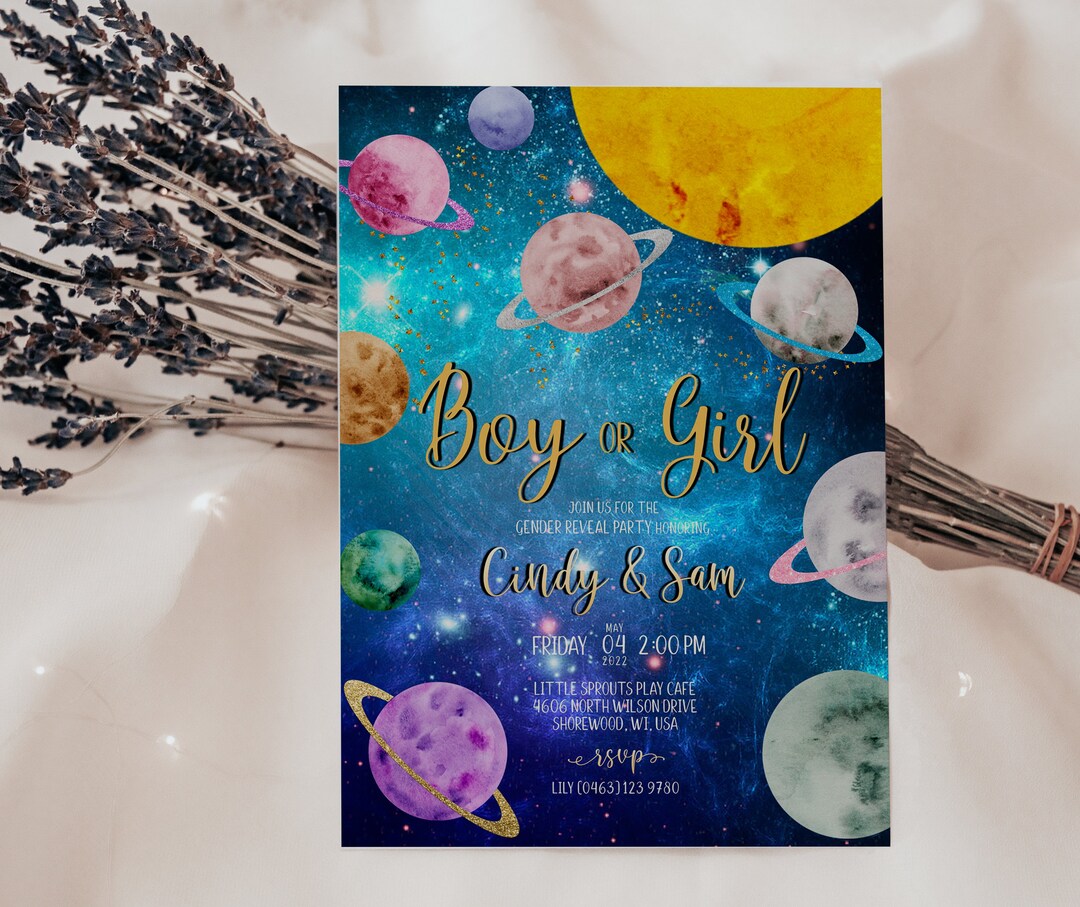 Solar System Gender Reveal Invitation, Editable Planets Baby Boy or ...