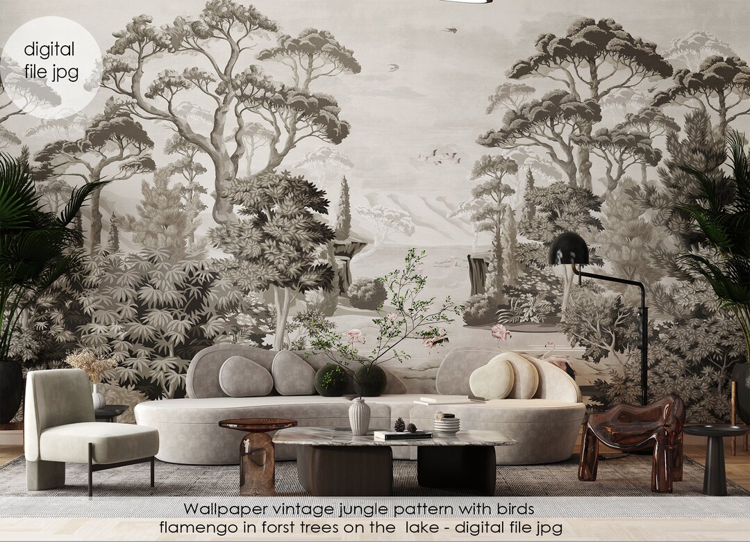 Wallpaper Vintage Jungle Pattern With Birds Flamingo in Frost Trees on ...