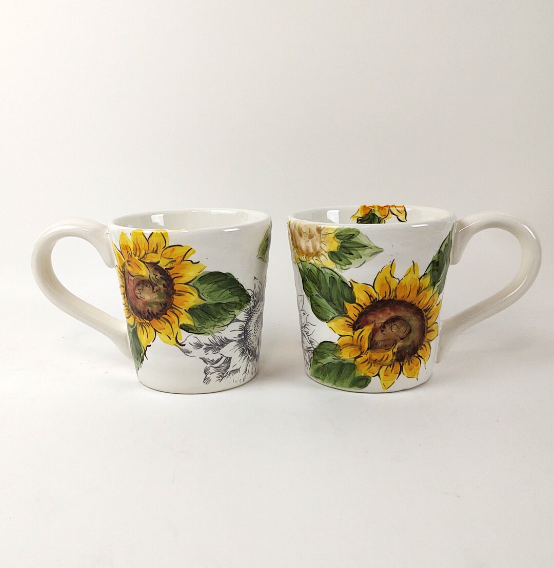 Sunflower Mugs Cups Set of Two Sketch Sunflower by Maxcera - Etsy