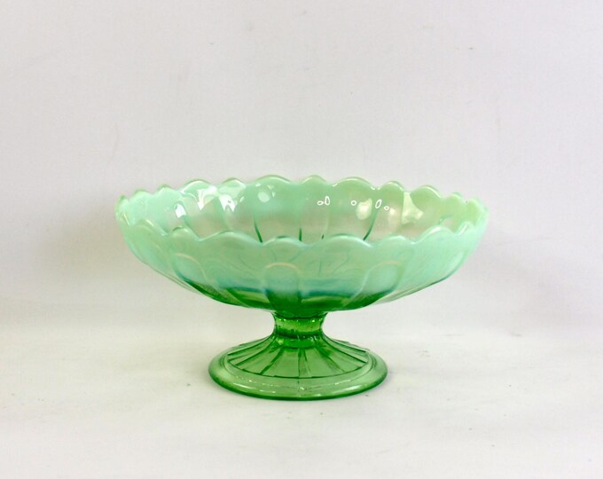 Depression Glass Pedestal Bowl Compote Opalescent Rim Green Glass - Etsy