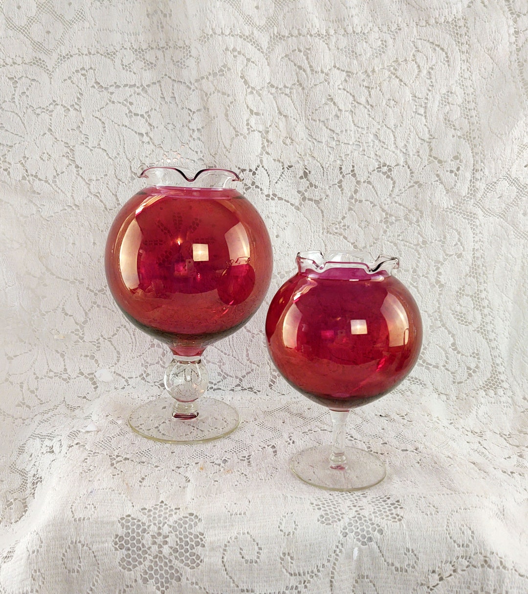 Vintage Pair Red & Clear Ball Shaped Glass Mantle Pedestal - Etsy