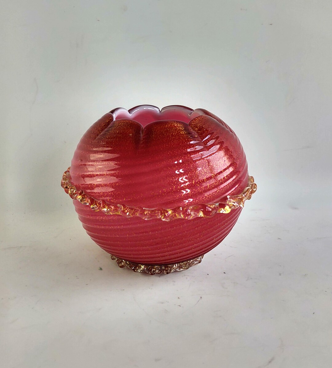 Murano - Rose Bowl - Cased Glass - Gold Flake - Applied Ribbon - Etsy