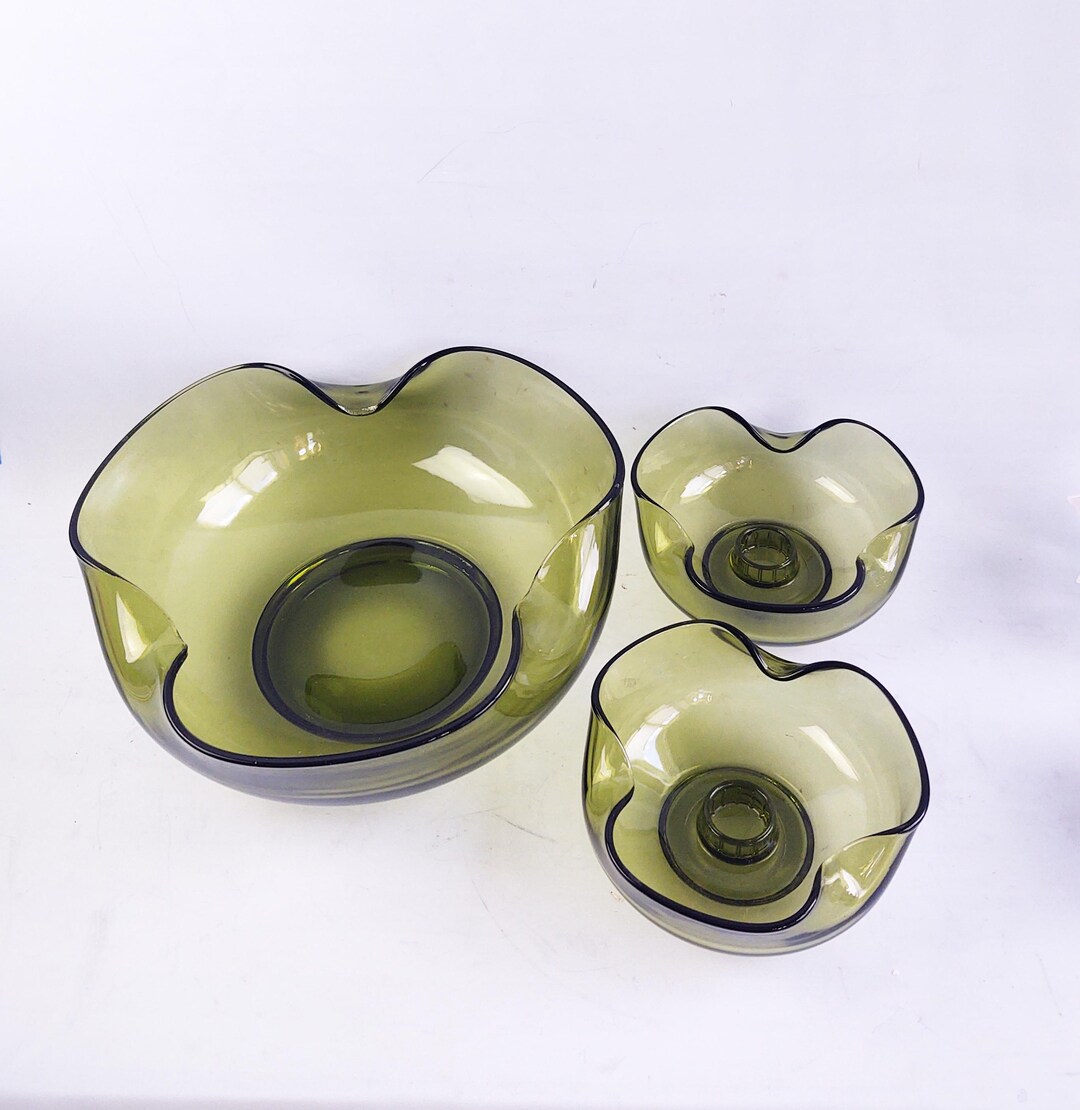 Anchor Hocking Green Pinched Glass Bowl and Candle Sticks - Rare - Etsy