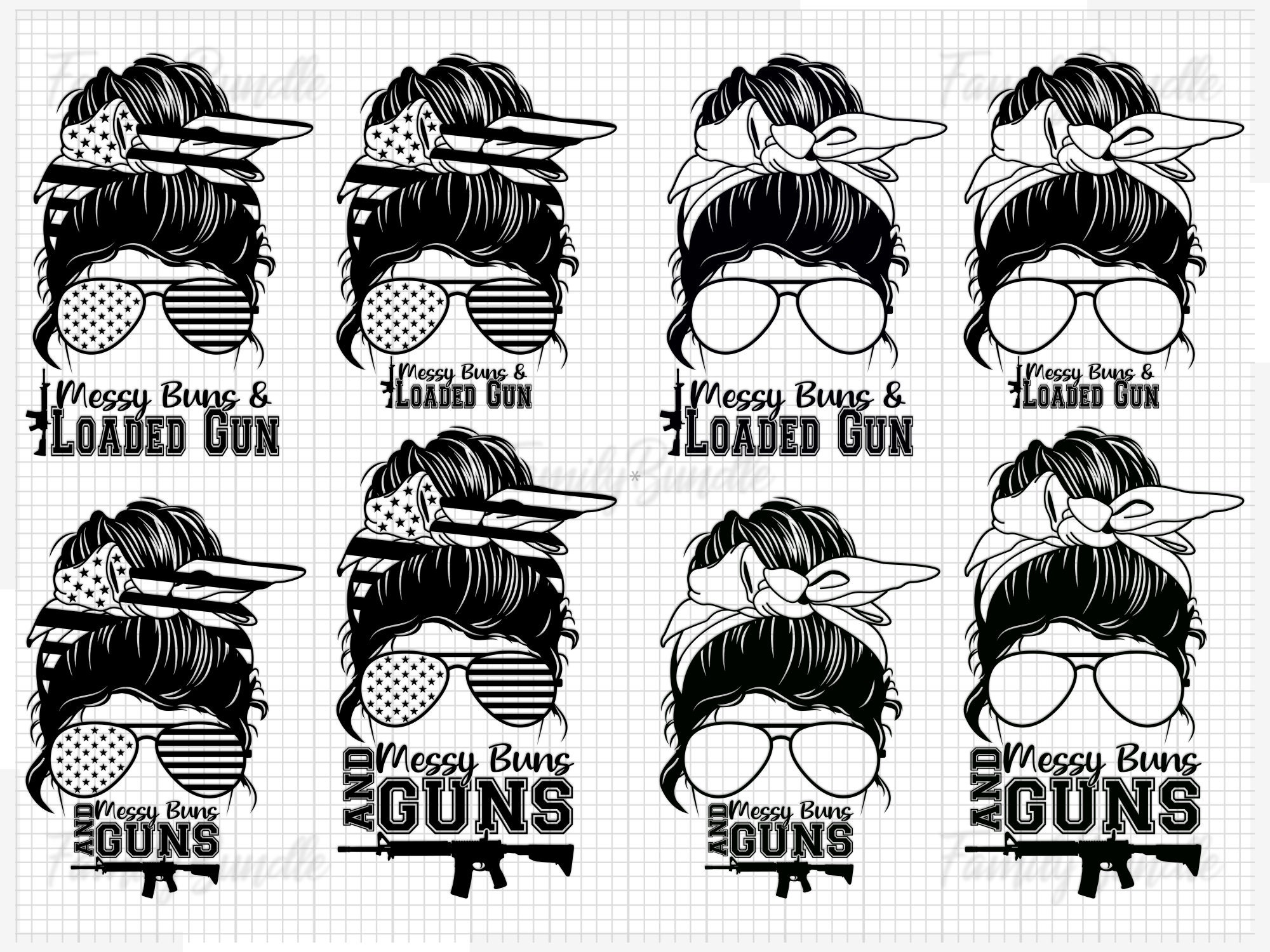Messy Buns and Loaded Gun Messy Buns and Guns Design Bundle - Etsy