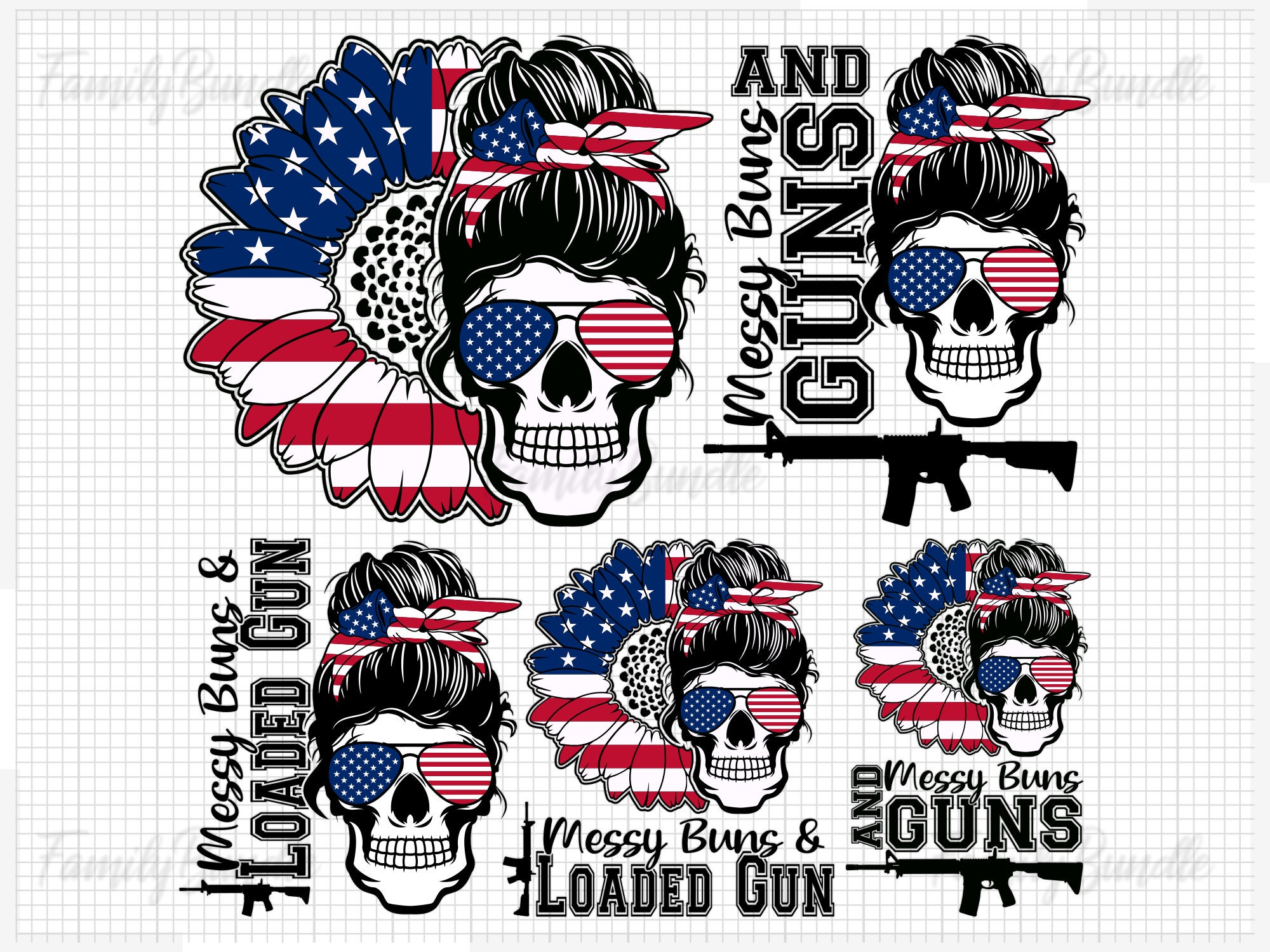 Messy Buns and Loaded Gun Messy Buns and Guns Design Bundle - Etsy