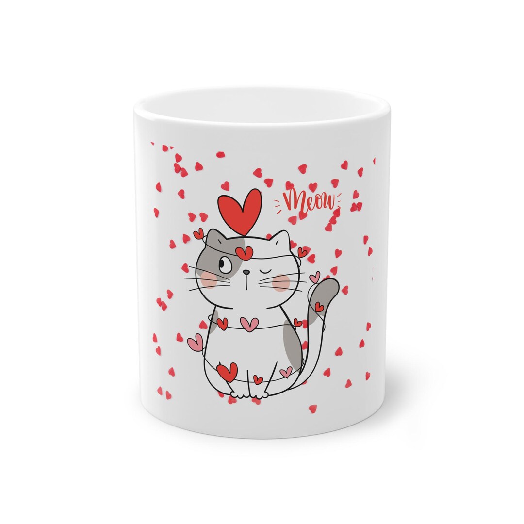 Cat Cartoon Mug, Cute Cat With Lights and Hearts Design, Cat Lover Gift ...