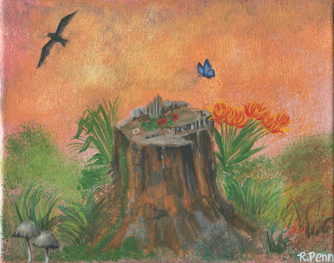 Art Print | Acrylic on Canvas | Colorful Tree Stump Against Orange Sky ...