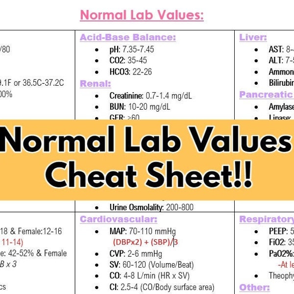 Normal Lab Values Cheat Sheet - Etsy