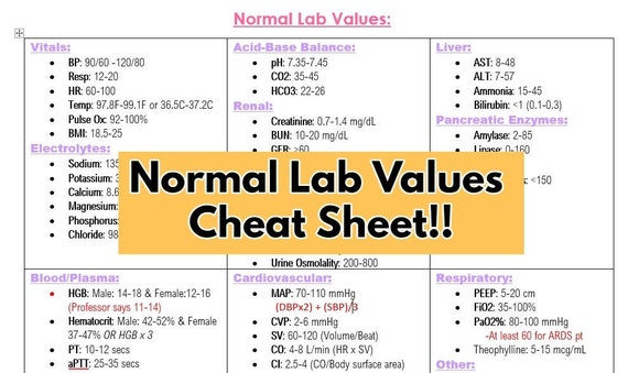 Normal Lab Value Cheat Sheet - Etsy