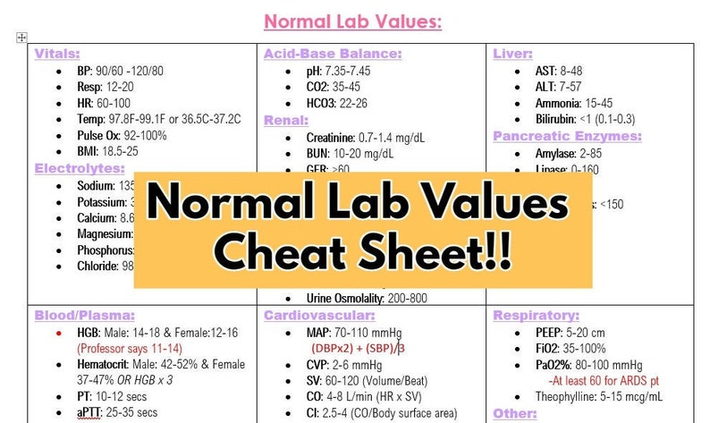 Normal Lab Value Cheat Sheet - Etsy New Zealand