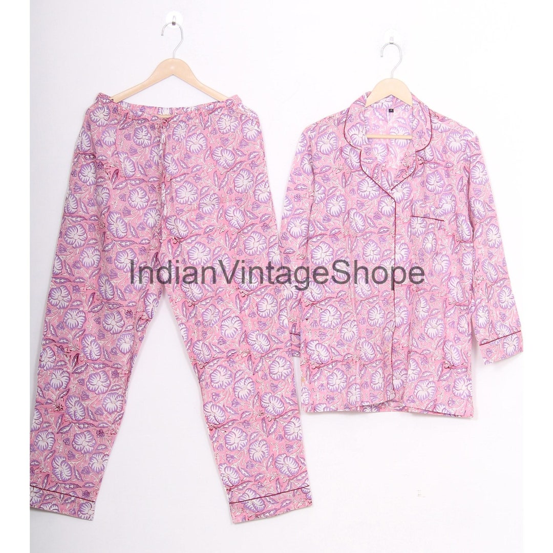 Hand Block Print Pyjamas Set, Women Shirts Floral 100% Pure Cotton PJ ...