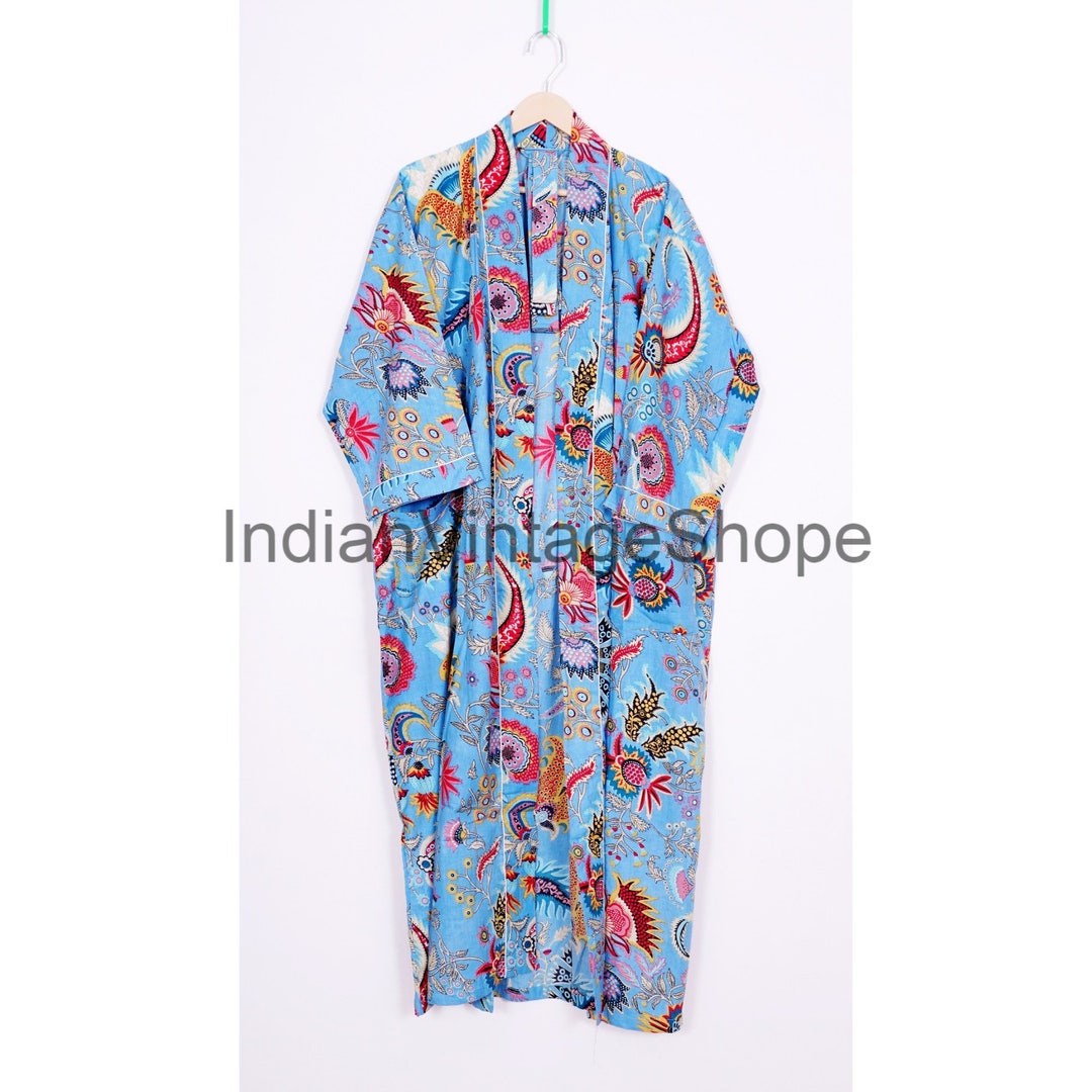 Indian Cotton Long Kimono Bathrobe, New Print Mukut Cotton Kimono Night ...