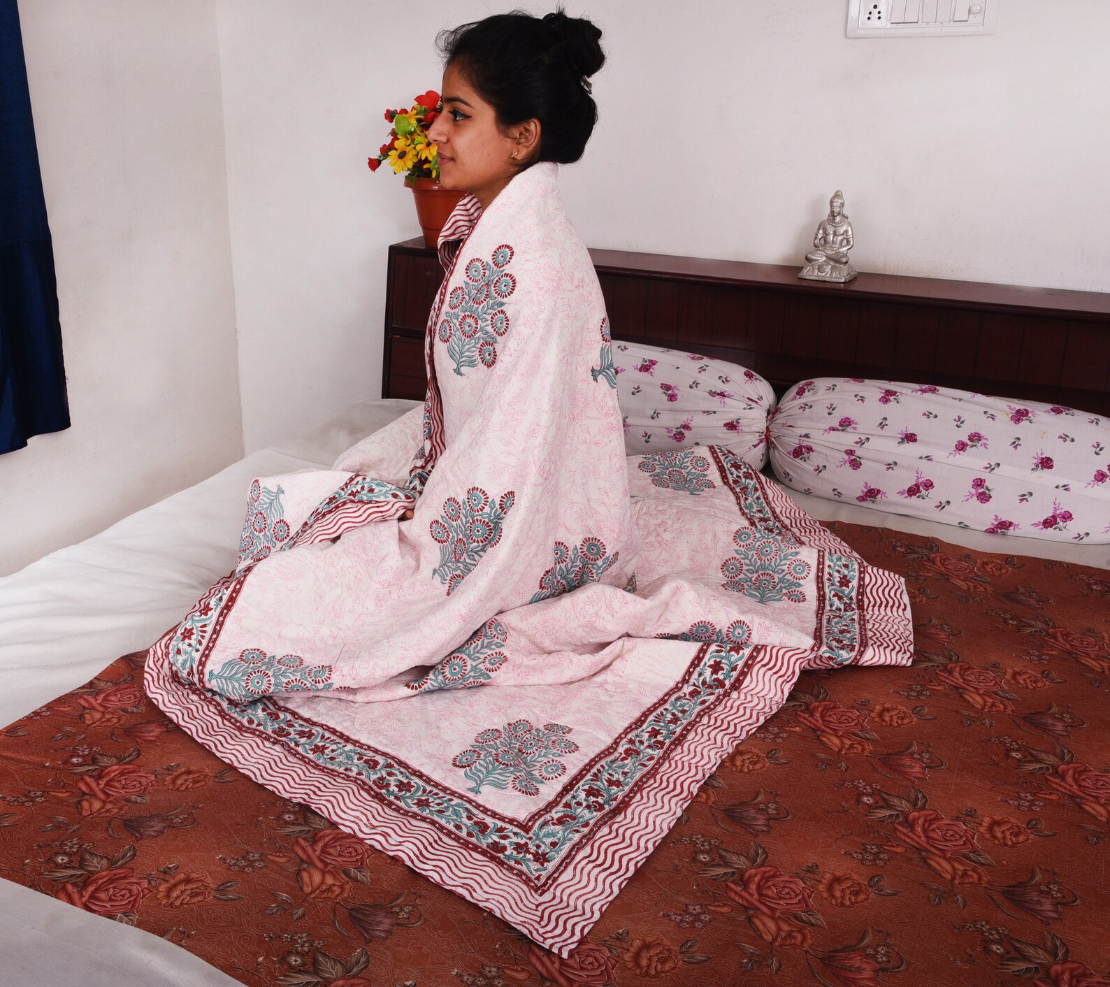 Cotton Rajai Bedspread Reversible Indian Quilt White & | Etsy