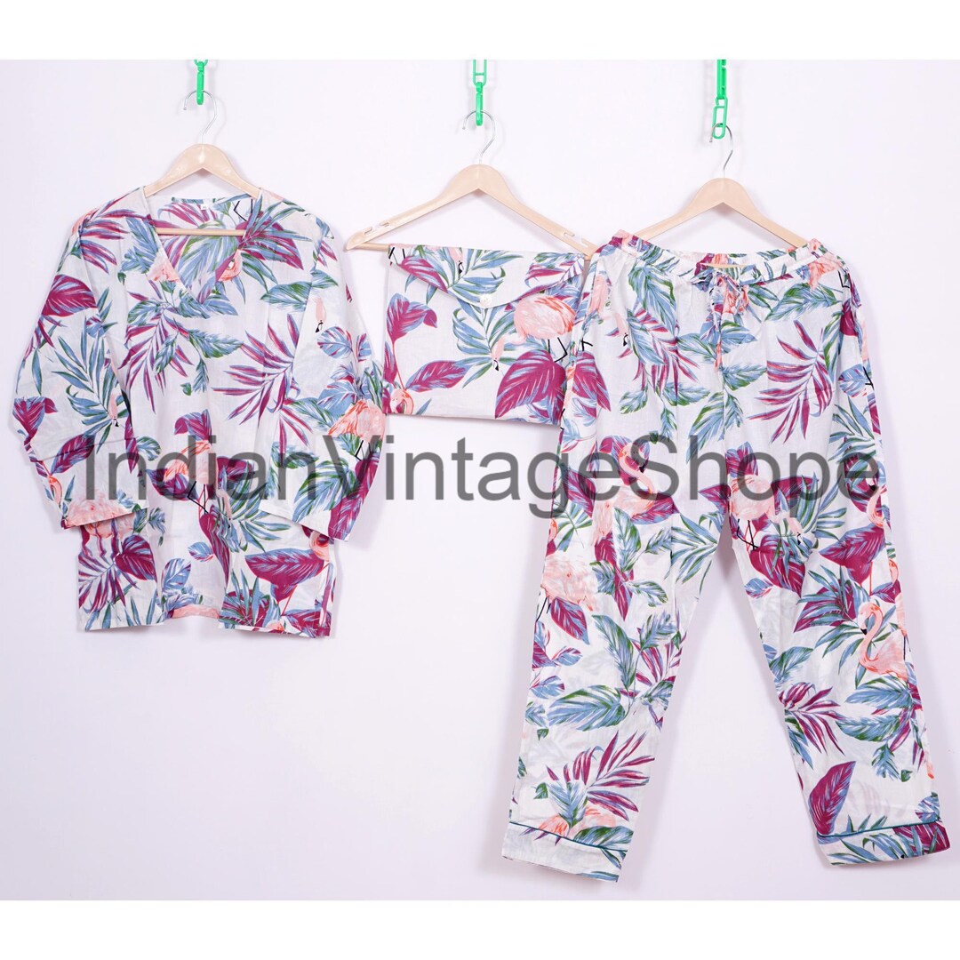 Bird Print Cotton Pyjama Set, Indian Block Print Pj Set, Bridesmaids ...