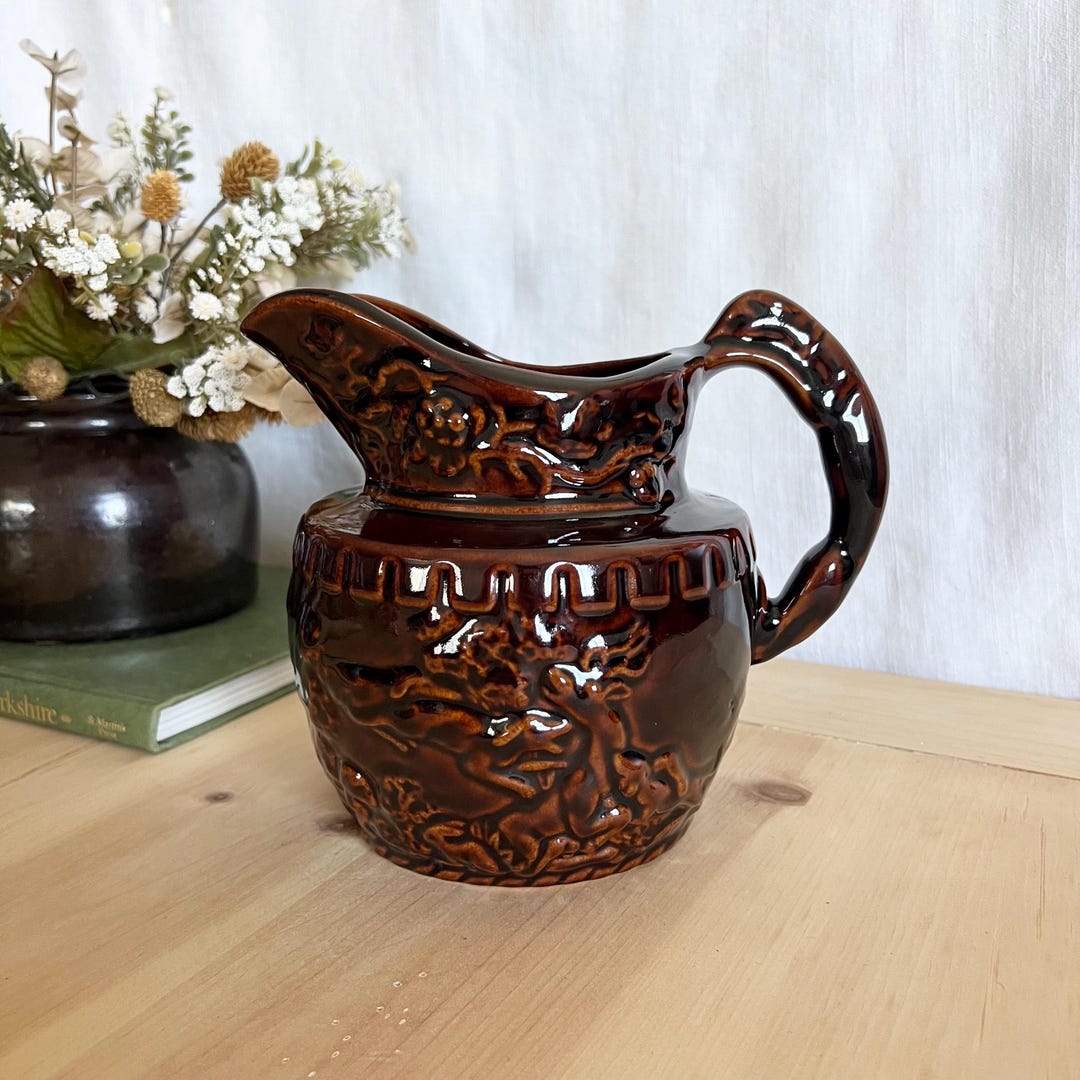 Vintage Brown Glazed Pitcher | Hunting Scene With Hound Handle ...