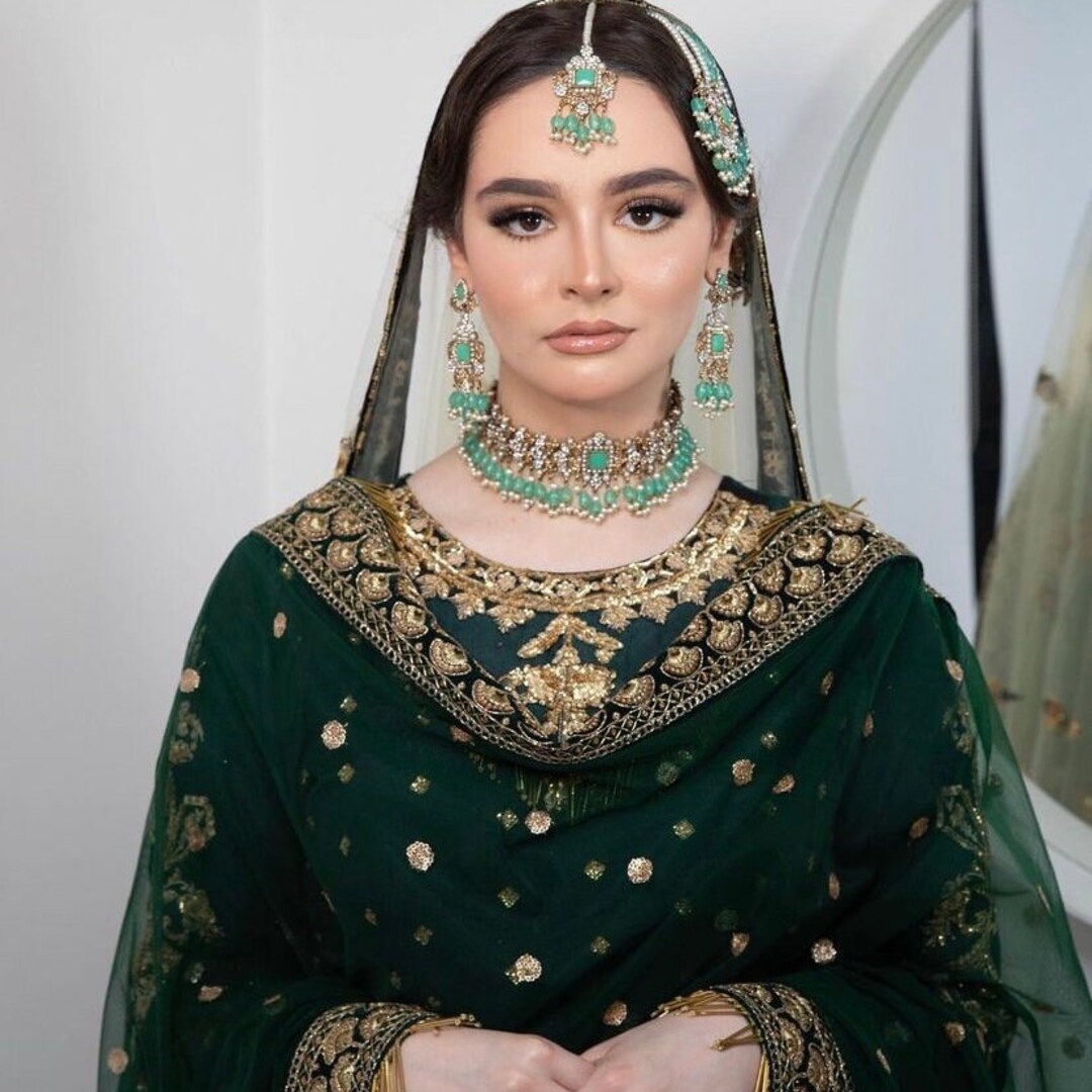 Emerald Green Golden Lace Bridal Veil Duppata MAHEK Pakistani,punjabi ...