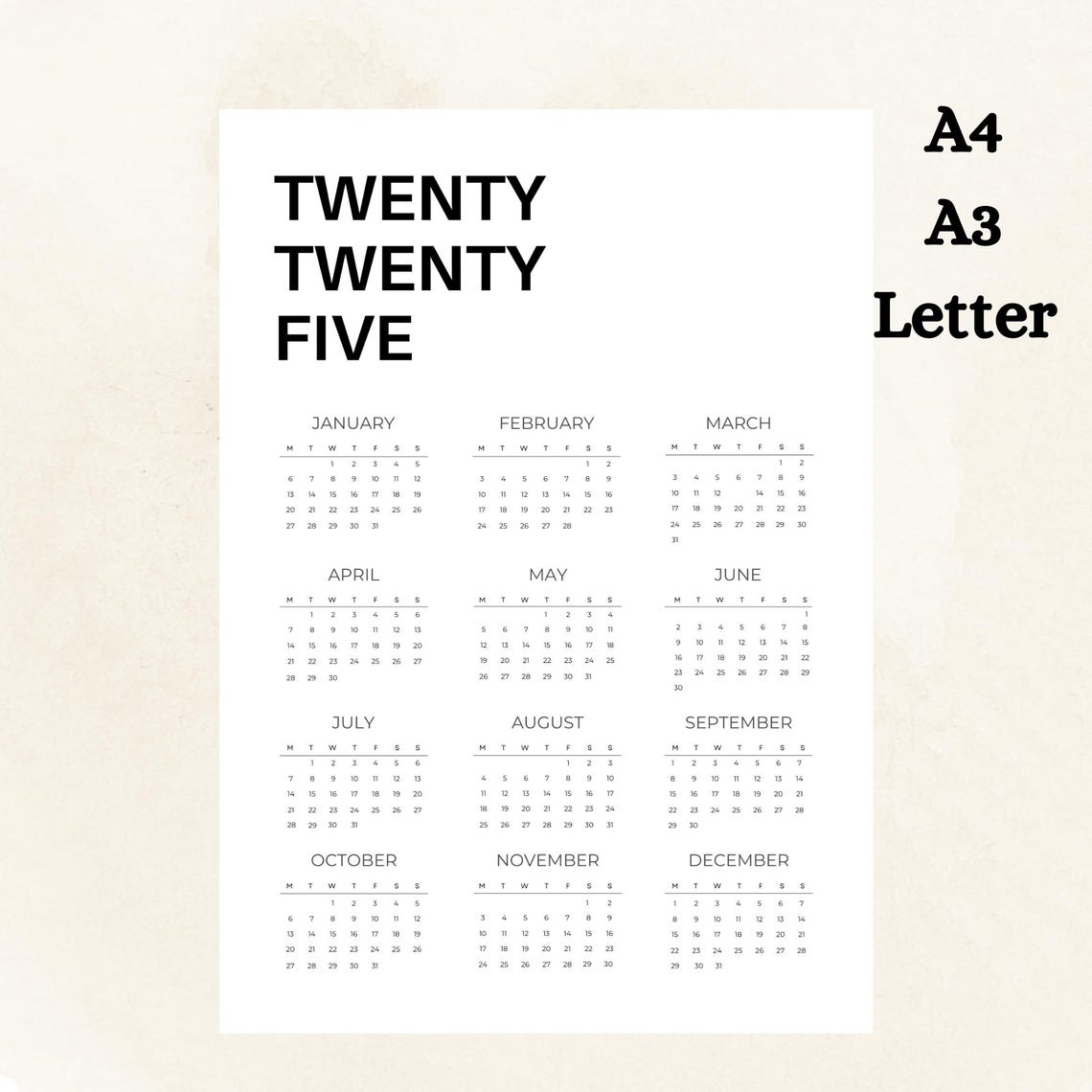 Minimalist 2025 Wall Callendar Printable - A4, A4, US Letter - Instant ...
