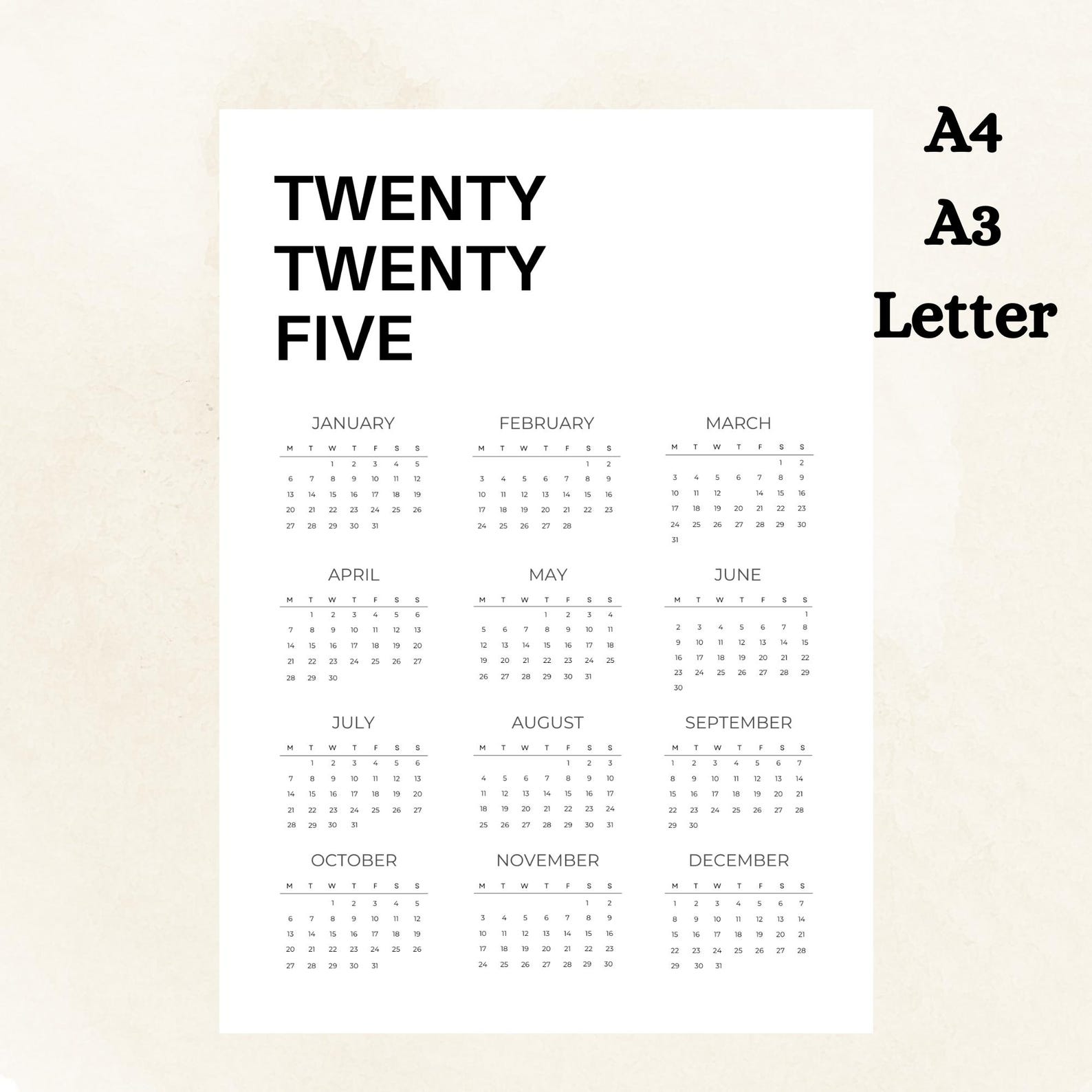 Minimalist 2025 Wall Callendar Printable - A4, A4, US Letter - Instant ...