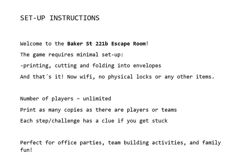 Baker St 221b ESCAPE ROOM Printable -- Instant PDF Download - A ...