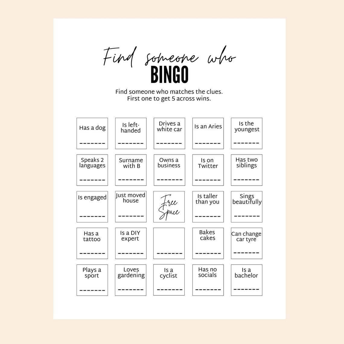 Find Someone Who Bingo Card Printable - Dinner Party Bingo Card PDF - Etsy