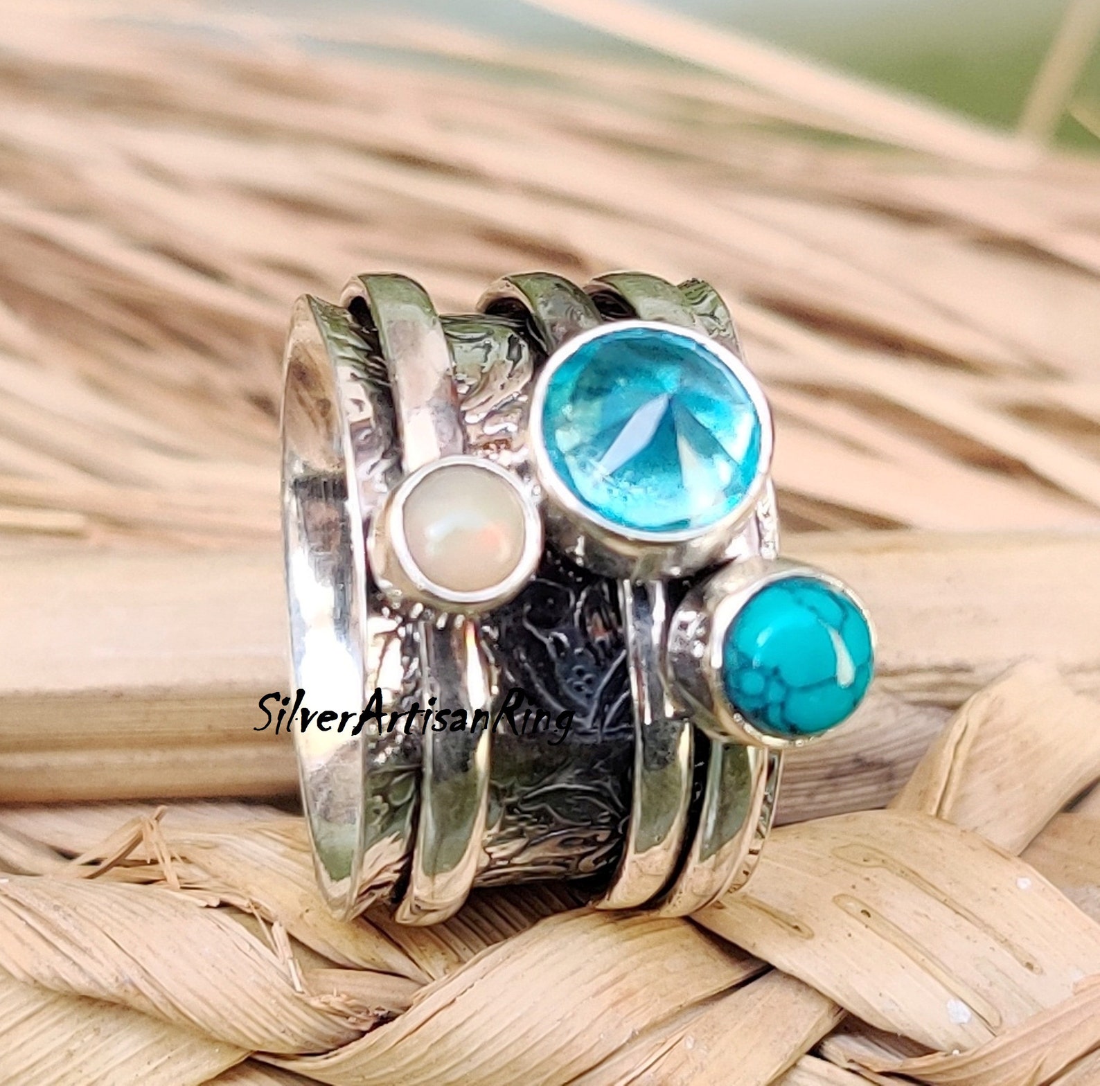 Blue Topaz Spinner Ring, 925 Sterling Silver Ring, Fidget Ring, Worry ...