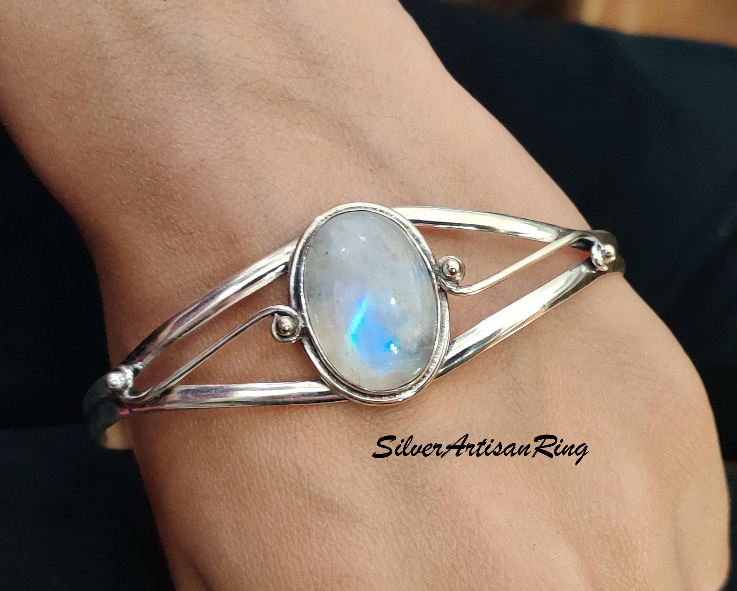 Moonstone Bangle ,925 Silver Bangle ,oval Stone Bangle, Blue Flash ...