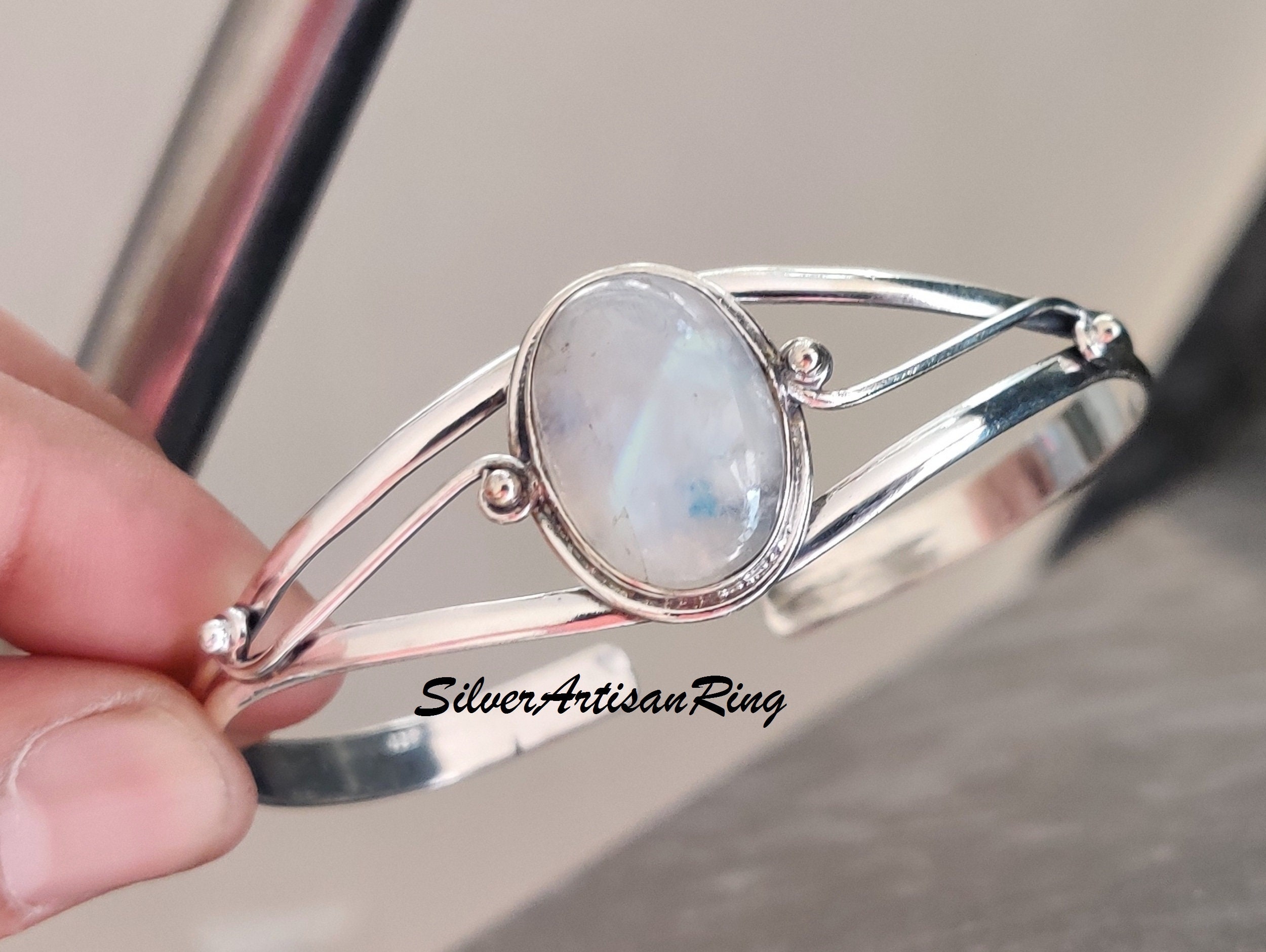 Moonstone Bangle 925 Silver Bangle oval Stone Bangle Blue | Etsy